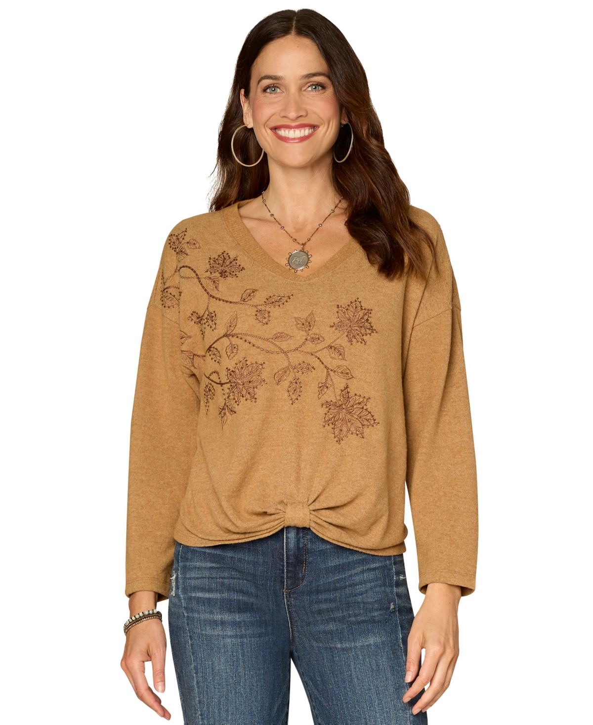 Click here for Democracy Petite V-Neck Knot Hem Top - Heather Car... prices