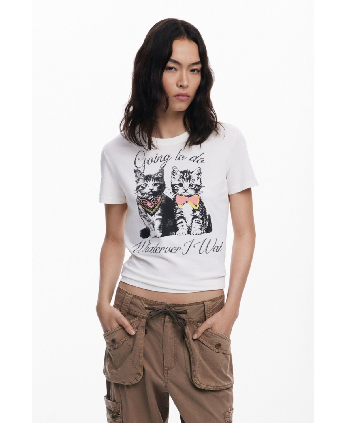 Click here for Desigual Womens T-shirt with cat rhinestones - Lig... prices
