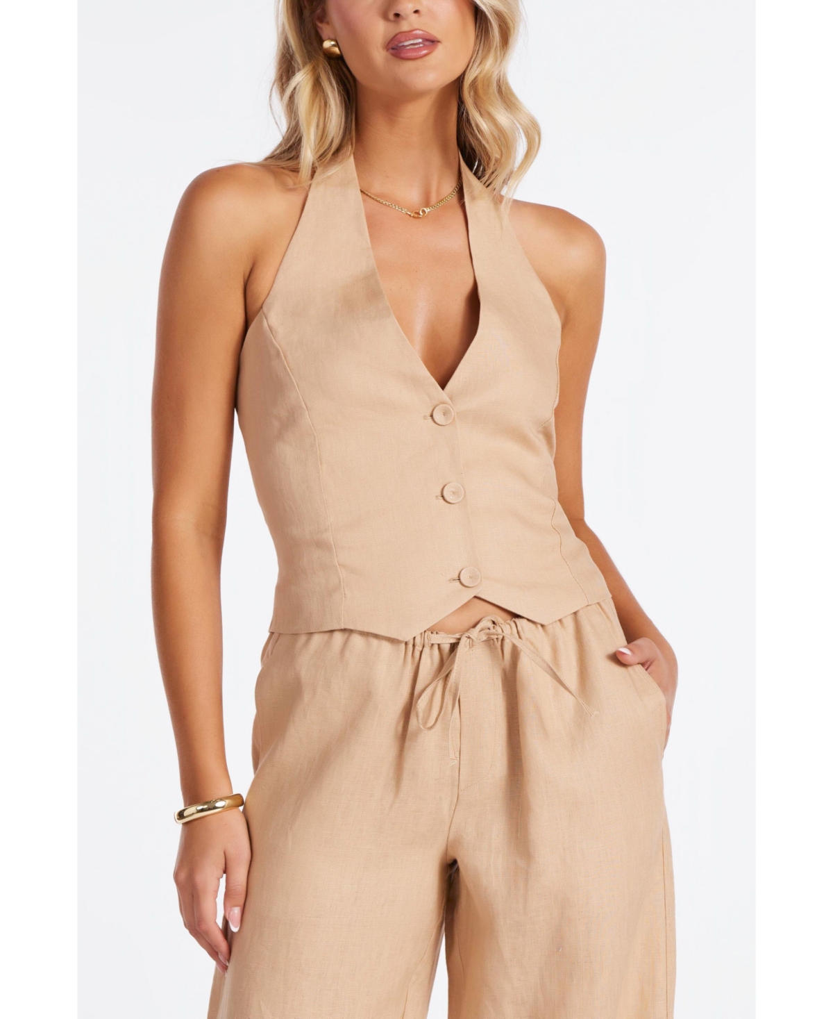 Click here for Bishop + Young Positano Linen Halter Vest - Beige/... prices