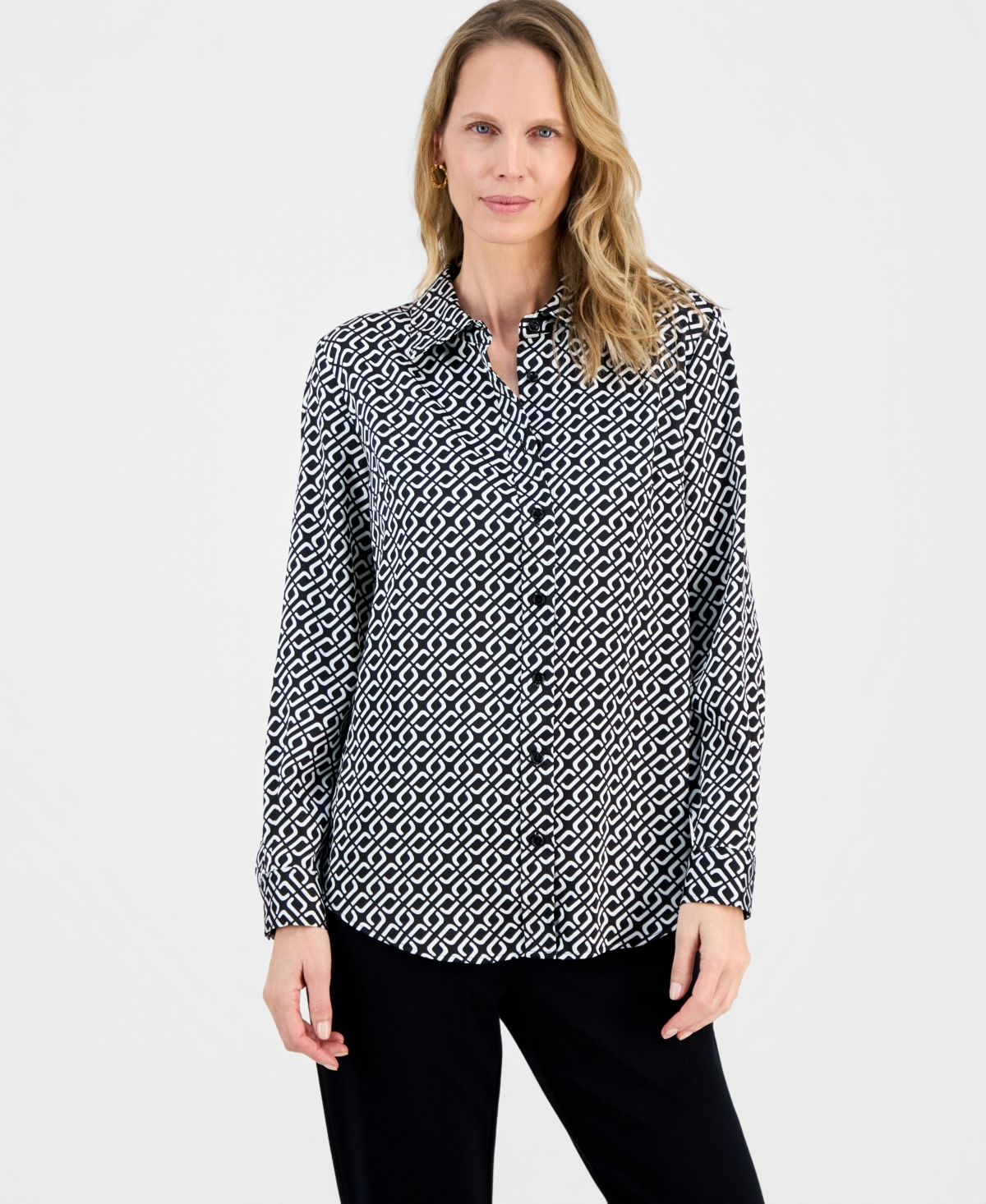 Click here for Kasper Womens Geometric-Print Button-Front Shirt -... prices