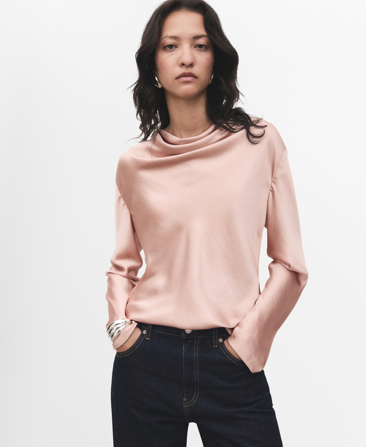 Click here for Mango Womens Draped Neck Satin Blouse - Pale Pink prices