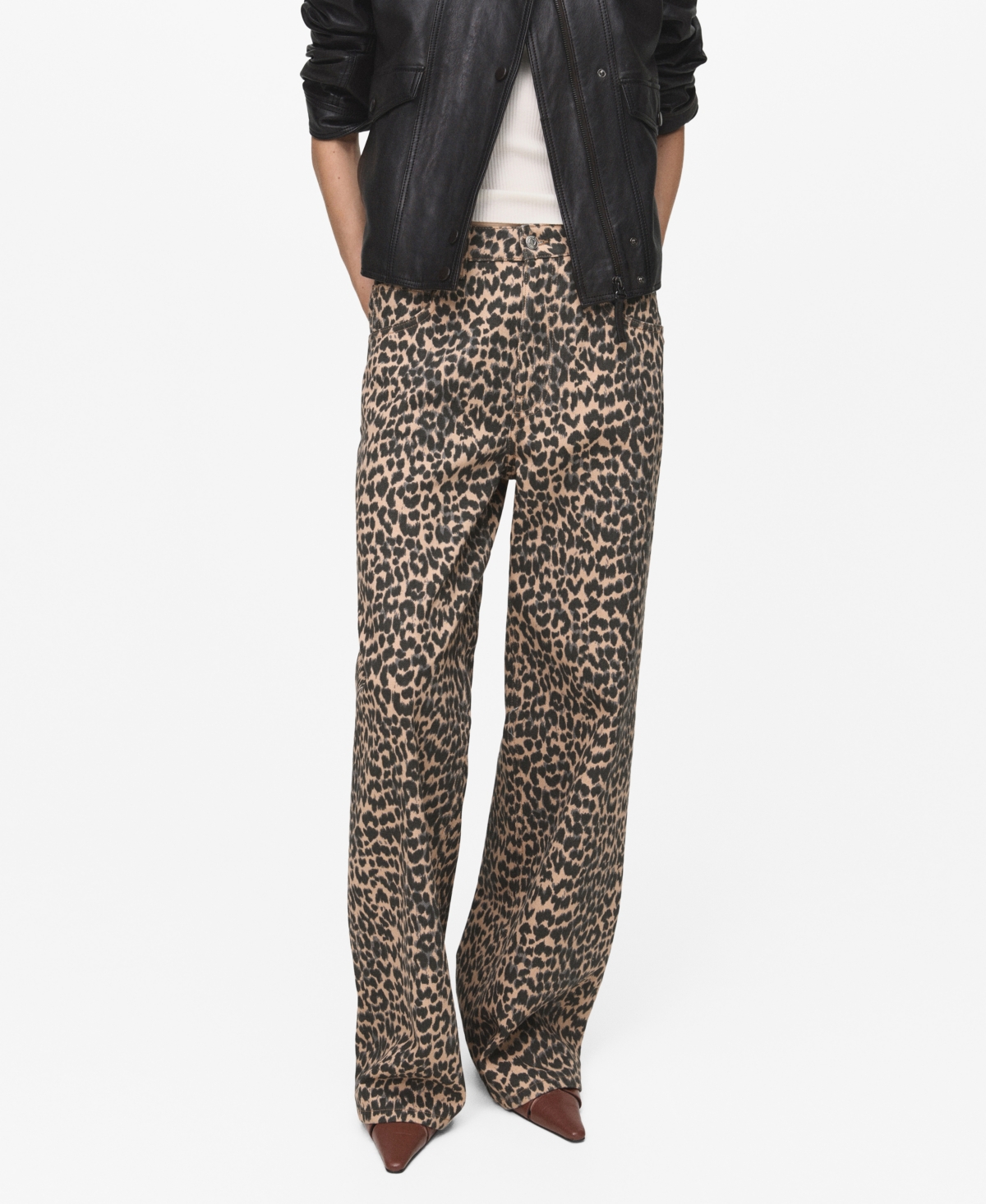 Click here for Mango Womens Leopard-Print Straight Jeans - Brown prices