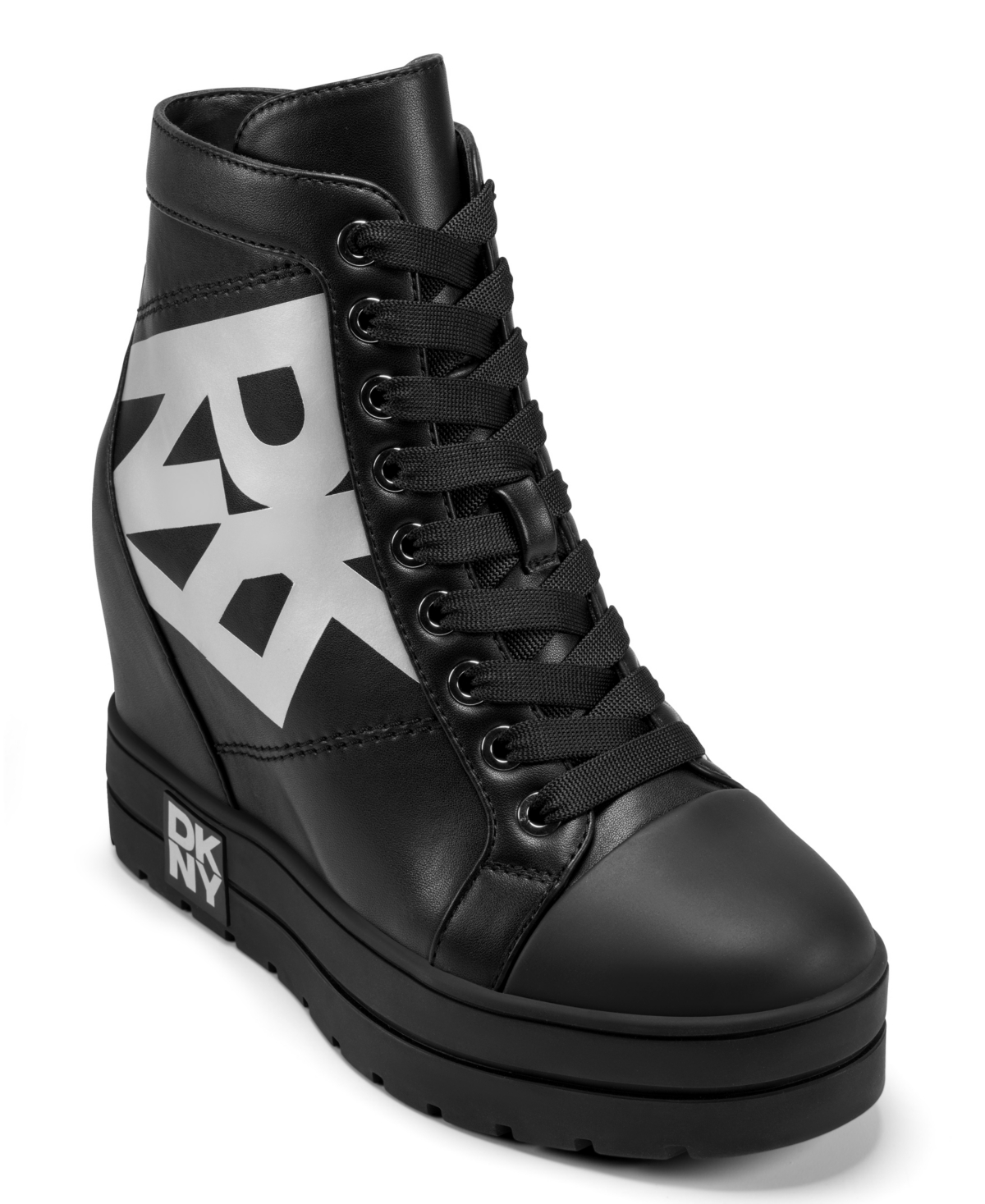 Click here for Dkny Womens Clary Wedge Sneakers - Black/ Silver prices