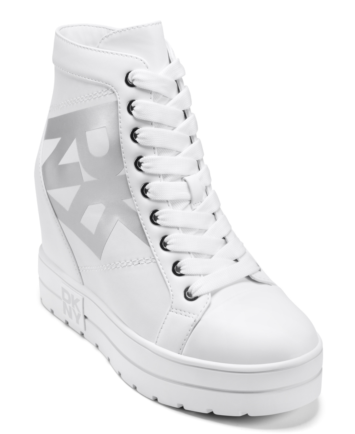 Click here for Dkny Womens Clary Wedge Sneakers - White/ Silver prices