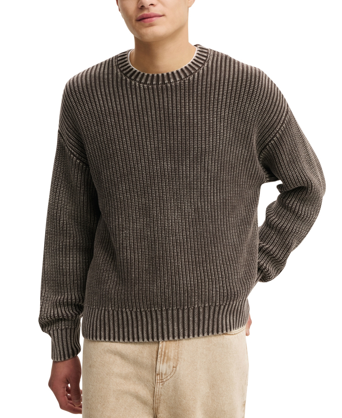 Click here for Cotton On Mens Washed Box Fit Crew Sweater - Brown prices