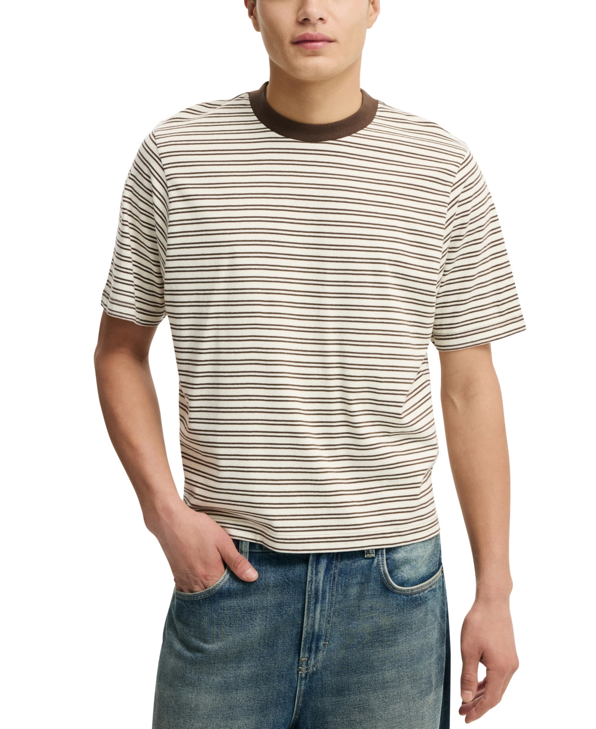 Click here for Cotton On Mens Cropped Fit T-Shirt - White/ Brown prices