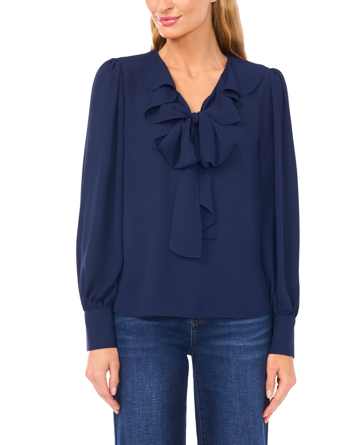 Click here for CeCe Womens Ruffle Tie V-Neck Top - Classic Navy prices