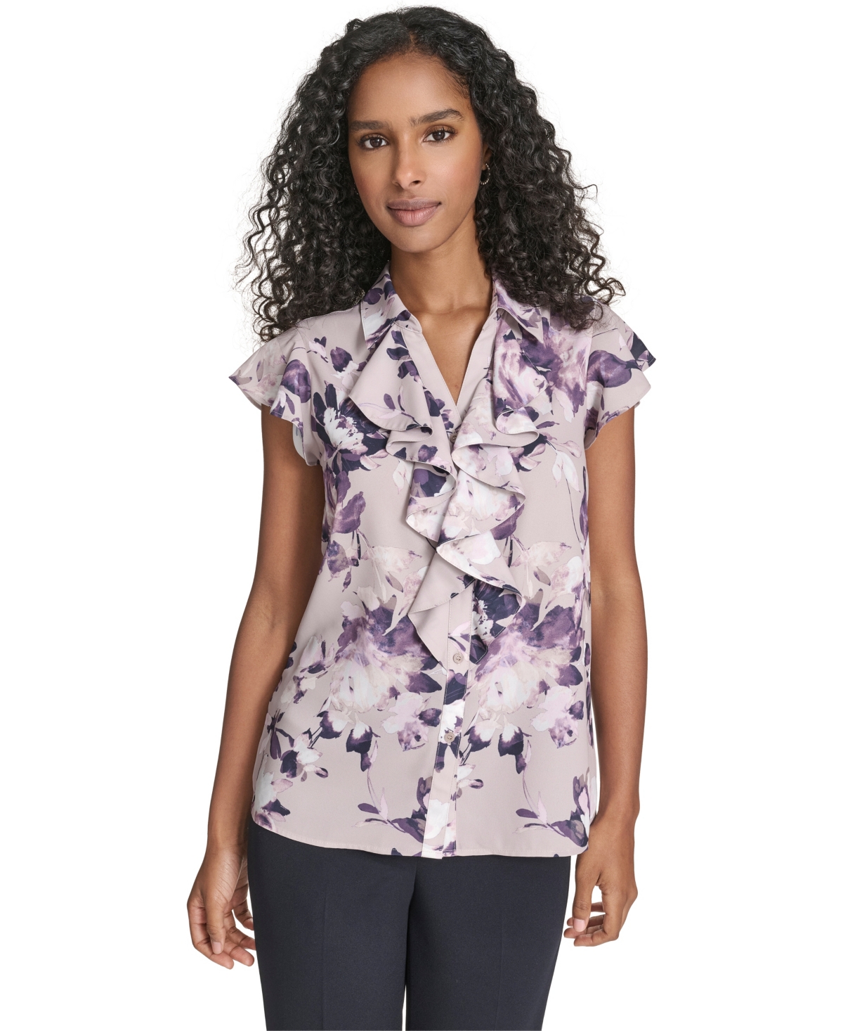Click here for Calvin Klein Womens Printed Ruffle Detail Top - Oy... prices