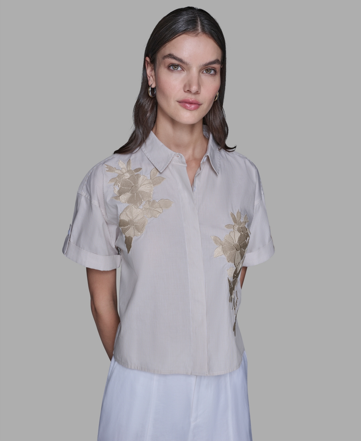 Click here for Karl Lagerfeld Paris Womens Striped Floral Detail... prices
