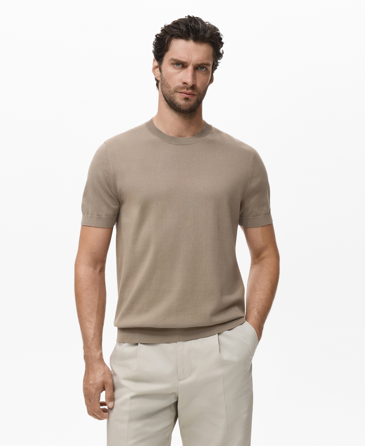 Click here for Mango Mens Cotton Fine-Knit T-Shirt - Medium Brown prices