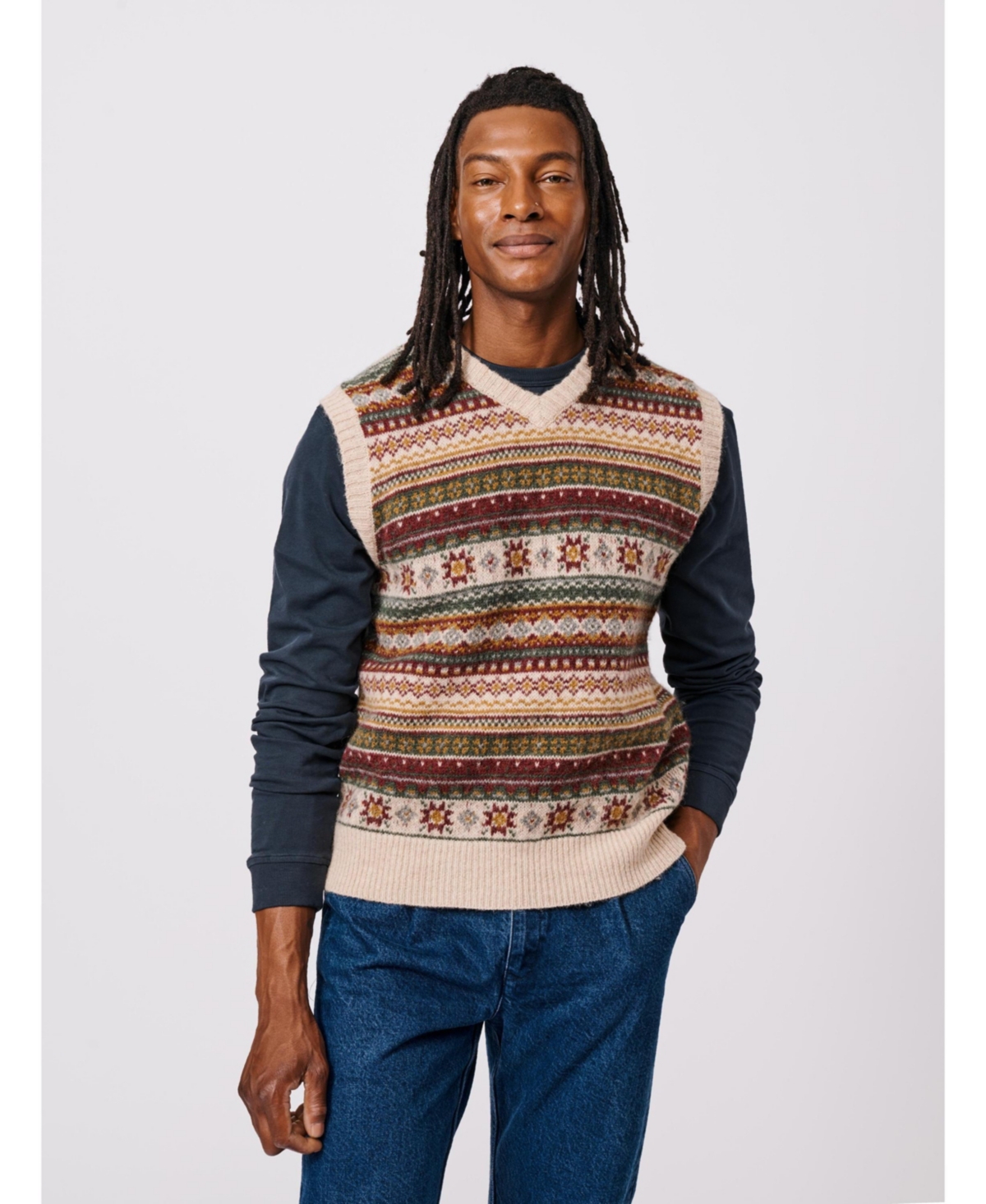 Click here for Aubin Fair Isle Slipover Wool Vest - Ecru/red mix prices