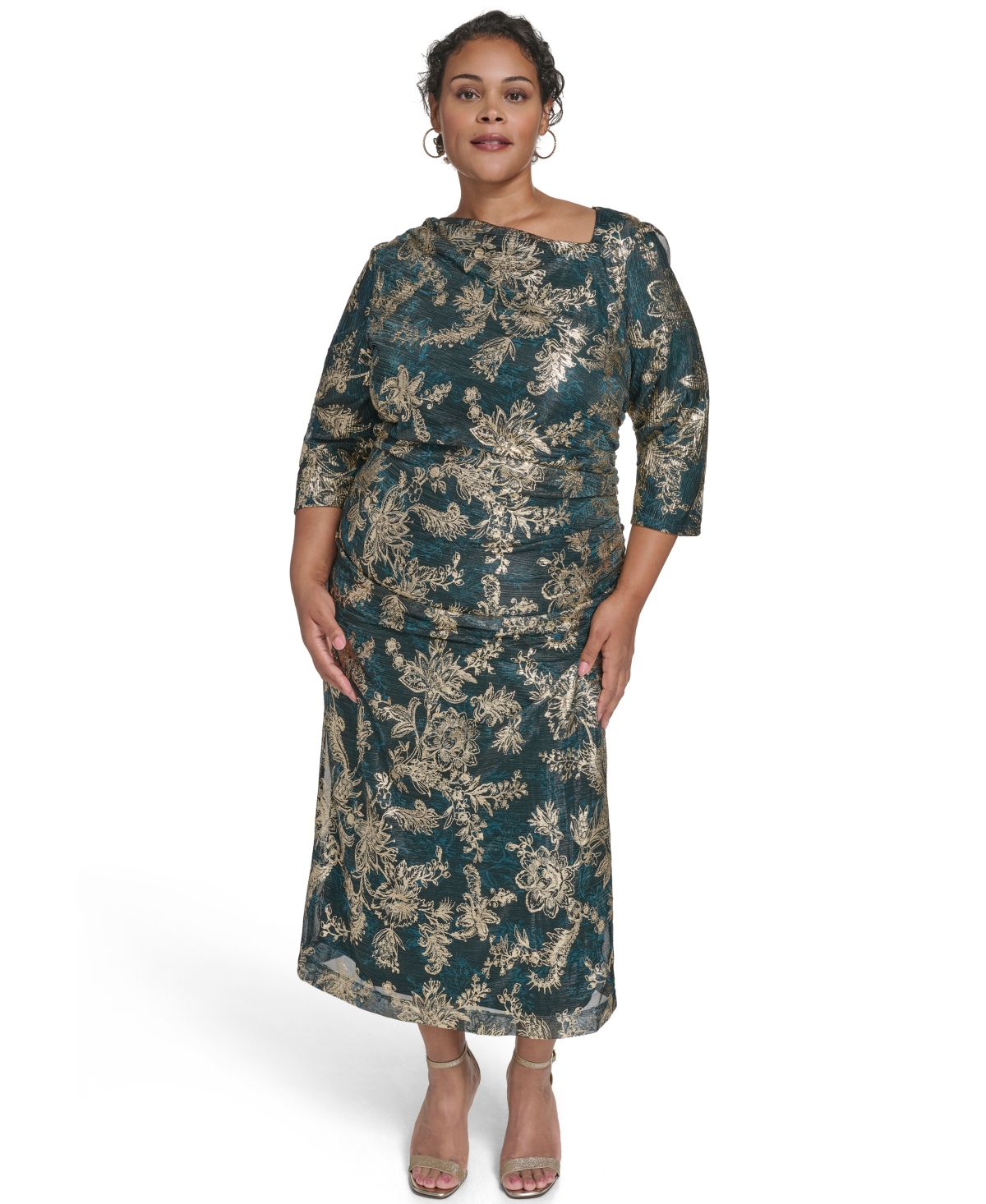 Click here for Vince Camuto Plus Size Ruched Foil Knit Midi Dress... prices