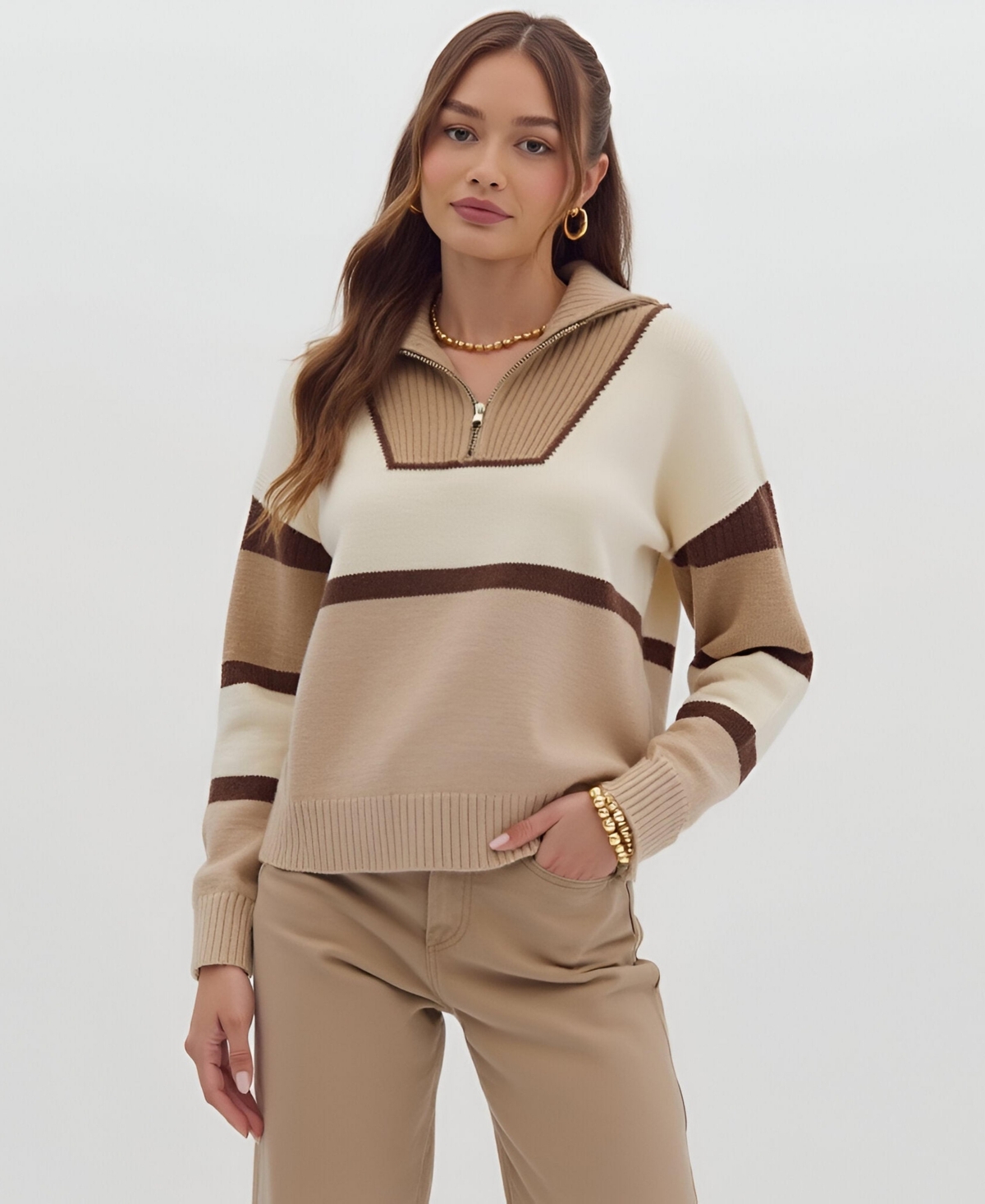 Click here for Modenaire Womens Striped Half-Zip Sweater - Cream/... prices