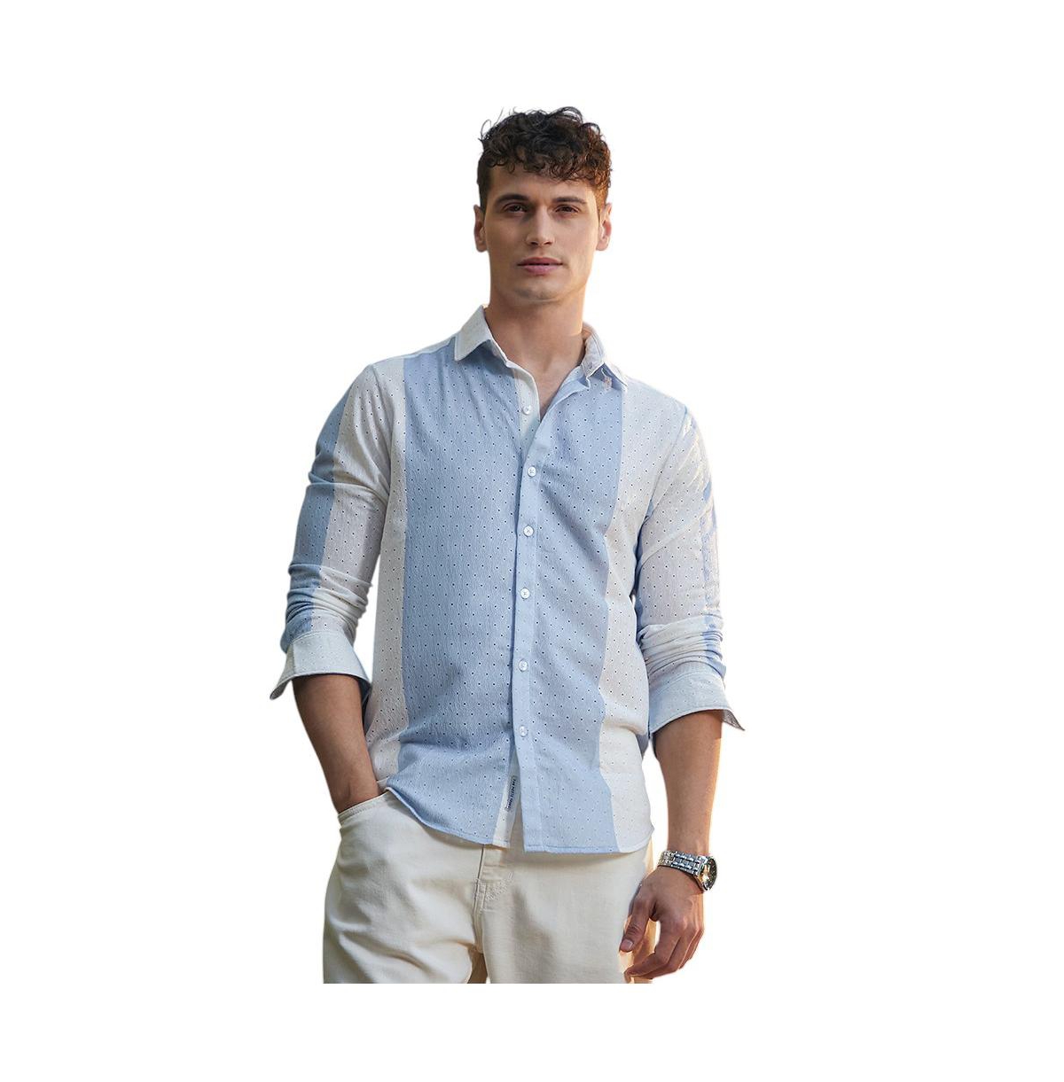 Click here for Campus Sutra Mens Powder Blue & Daisy White Panel-... prices