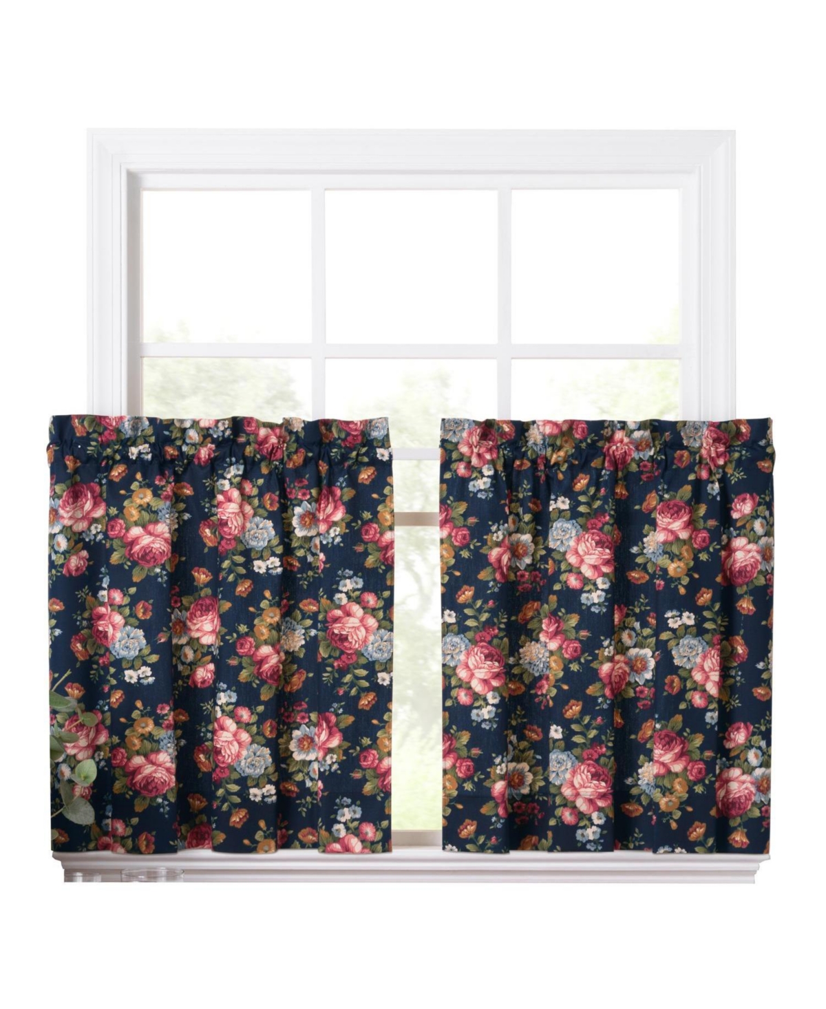 Ellis Bella Rose Stylish Medium Scale Printed Floral Pattern 1.5" Rod Pocket Tier 56"x24" Navy - Navy