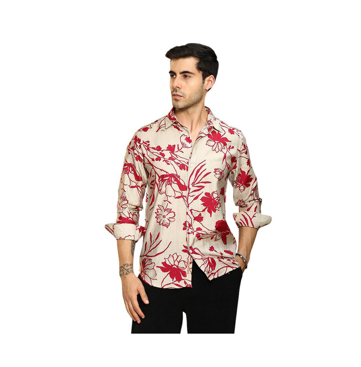 Click here for Campus Sutra Mens Scarlet Red Freesia-Imprint Shir... prices