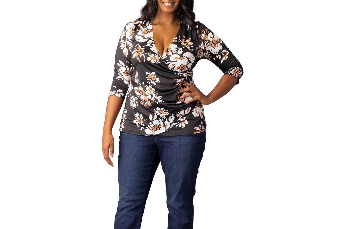 Click here for Kiyonna Plus Size Femme Fatale Faux Wrap Top - Bla... prices