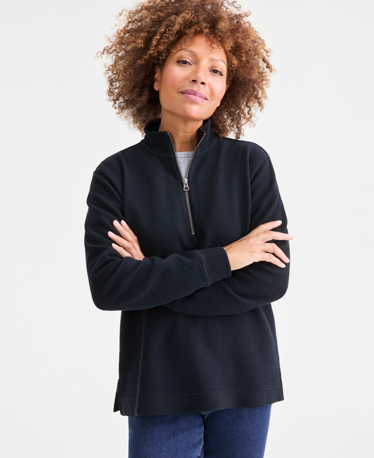 Click here for Style & Co Womens Textured Mock-Neck Quarter-Zip S... prices