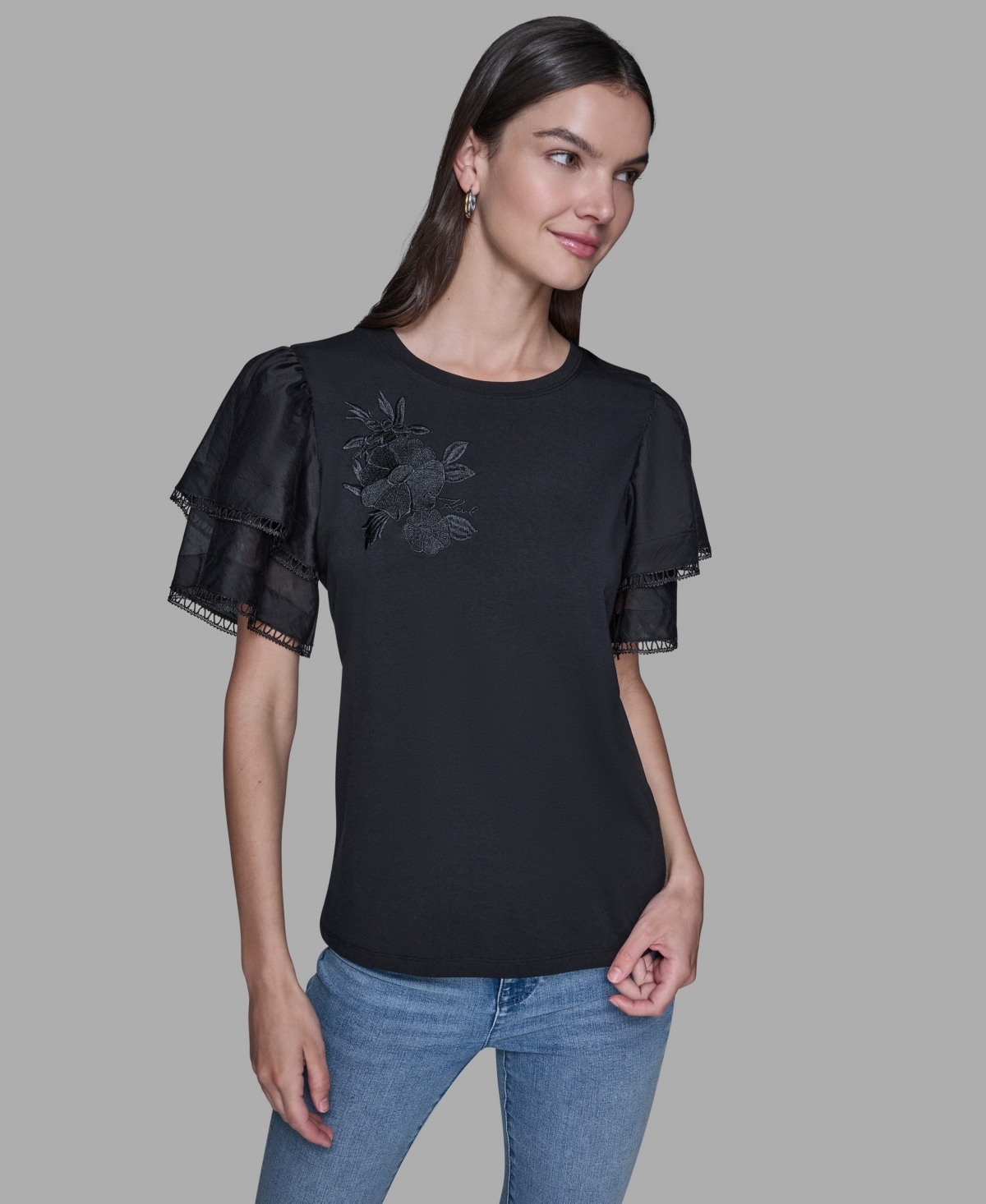 Click here for Karl Lagerfeld Paris Womens Ruffled Crewneck Flora... prices