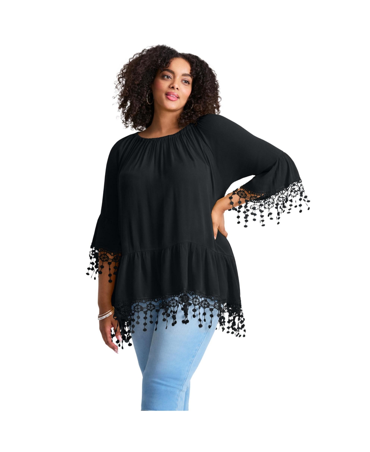 Click here for Avenue Womens Crochet Fringe Trim Tunic - Black prices