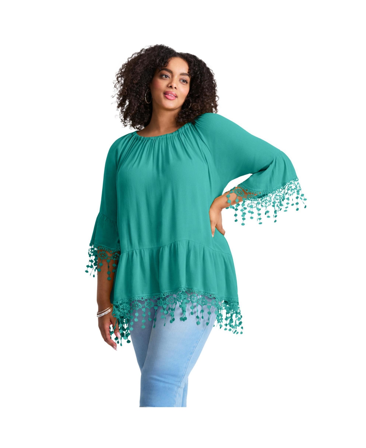Click here for Avenue Womens Crochet Fringe Trim Tunic - Aqua sea prices