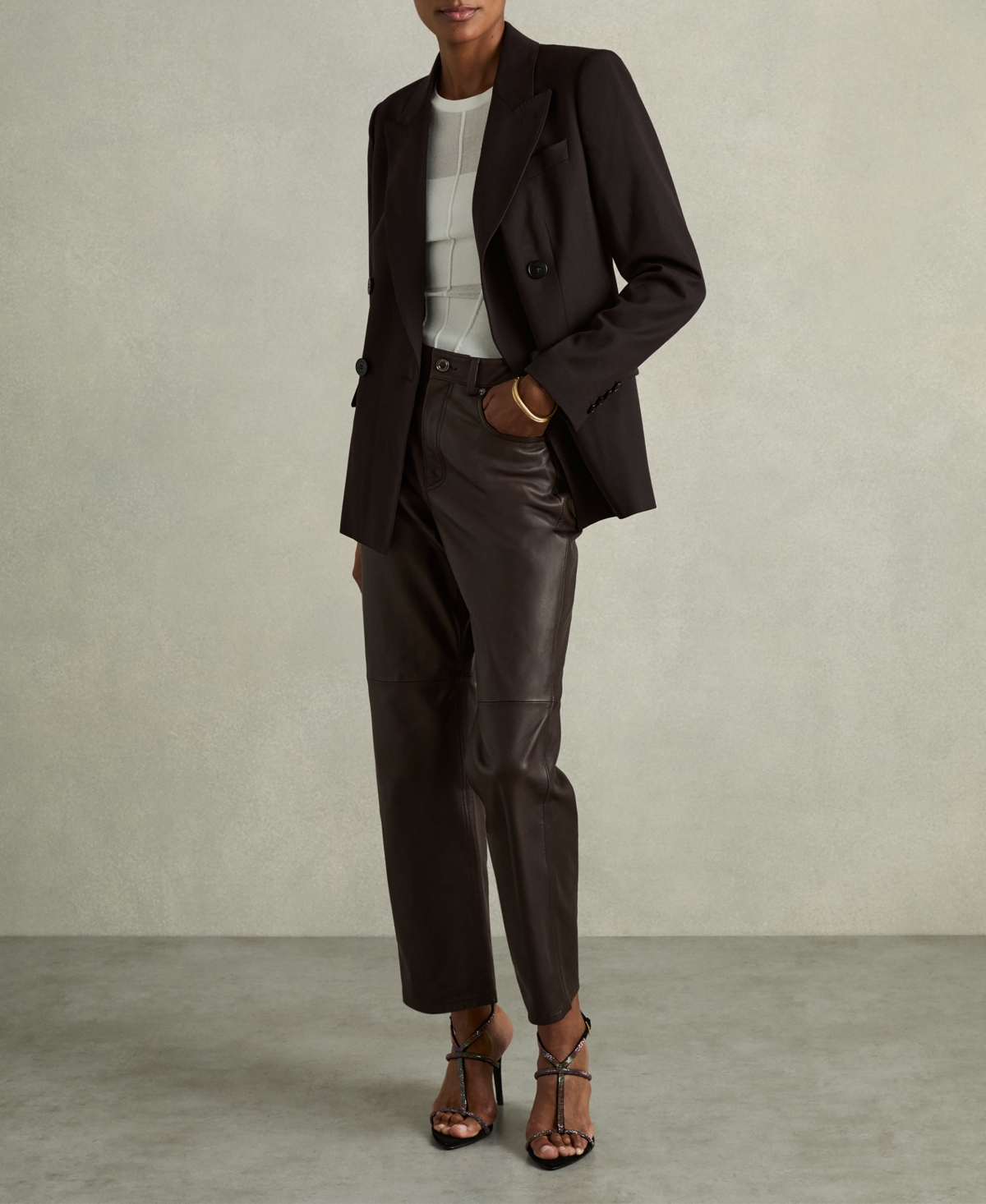 Click here for Reiss Womens Leather Slim-Leg Pants - Chocolate prices