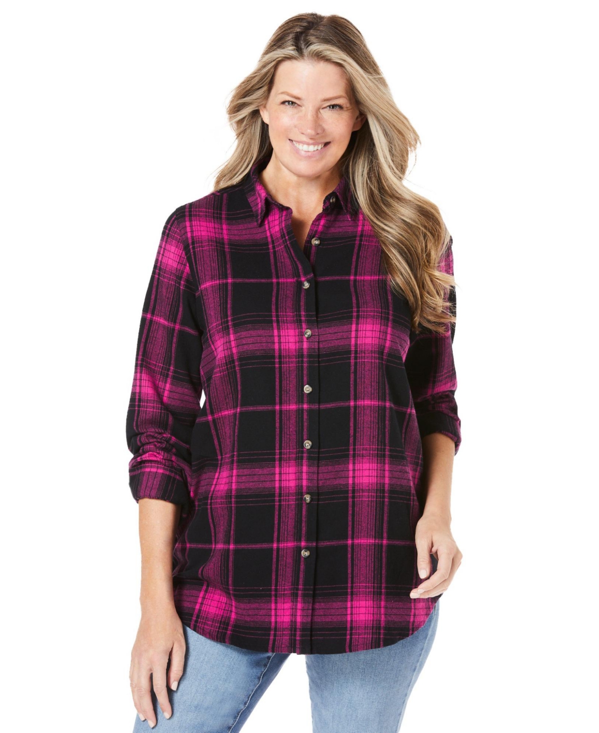 Click here for Woman Within Plus Size Classic Flannel Shirt - Pin... prices