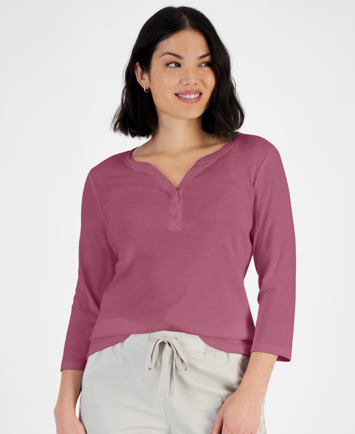 Style & Co Petite Cotton Knit Henley 3/4-Sleeve Top  Created for Macys - Berry Bloom