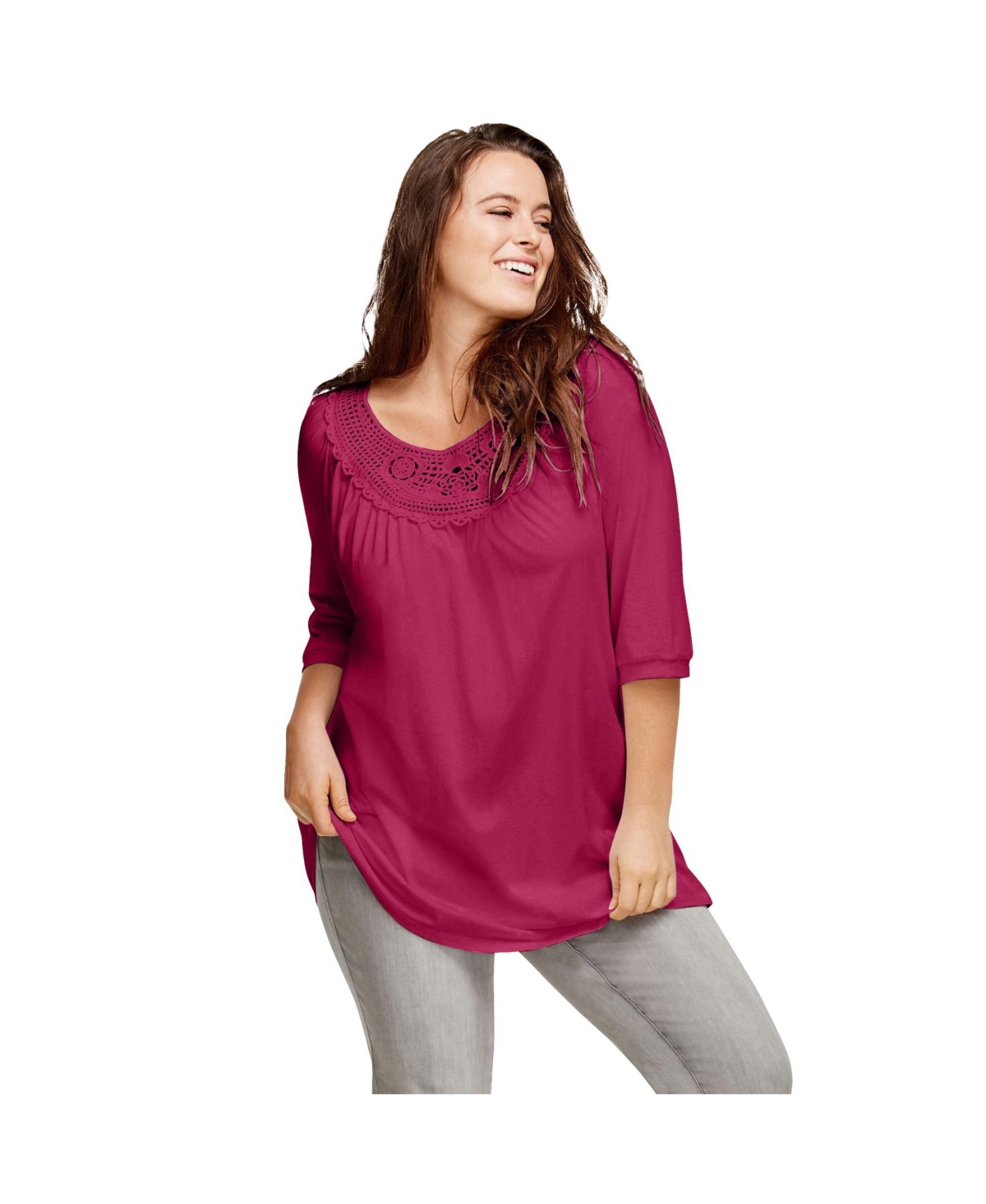 Click here for ellos Womens Crochet Trim Tunic - Berry red prices