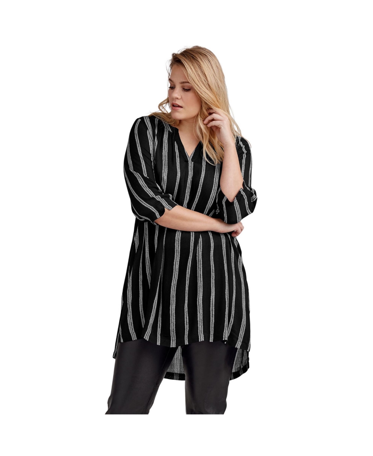 Click here for ellos Womens Notch Neck Crinkle Tunic - Black whit... prices