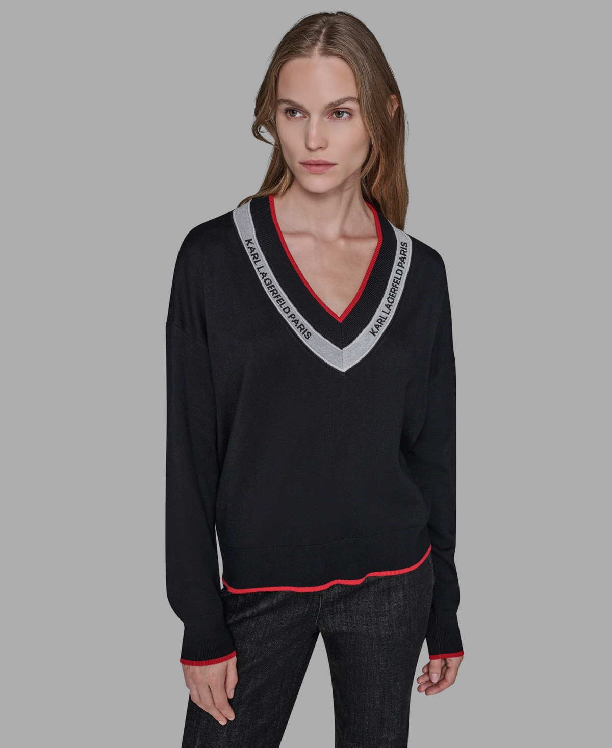 Click here for Karl Lagerfeld Paris Womens Logo V-Neck Sweater -... prices