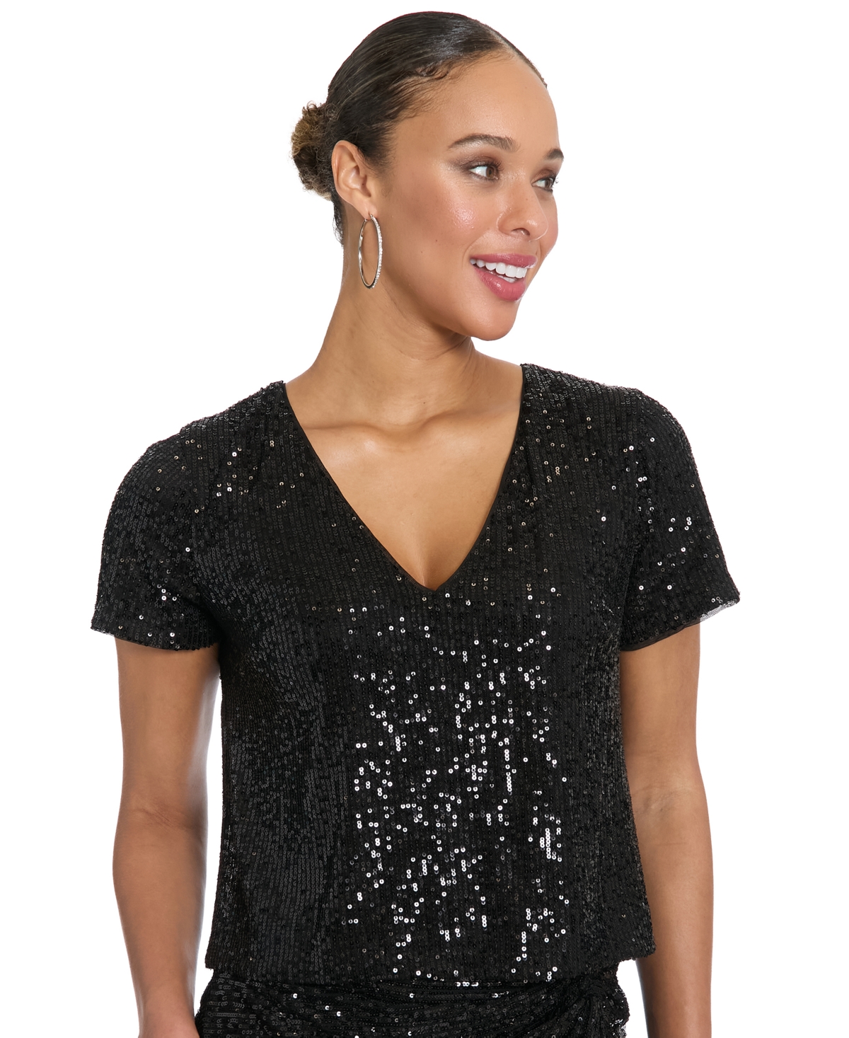 Click here for Muse Womens Textured V-Neck Top - Black prices