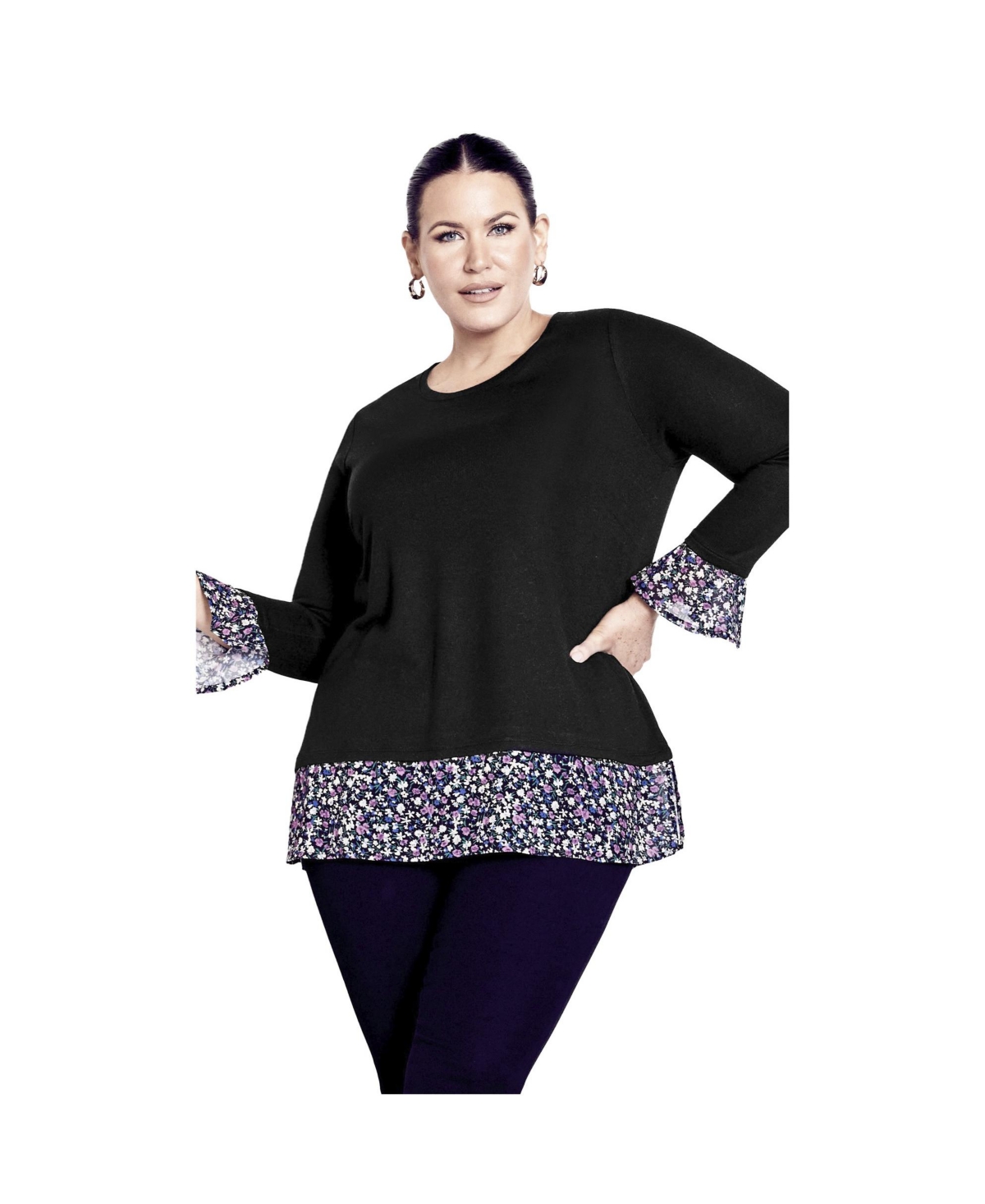 Click here for Avenue Womens Hacci Chiffon Print Top - Black dits... prices