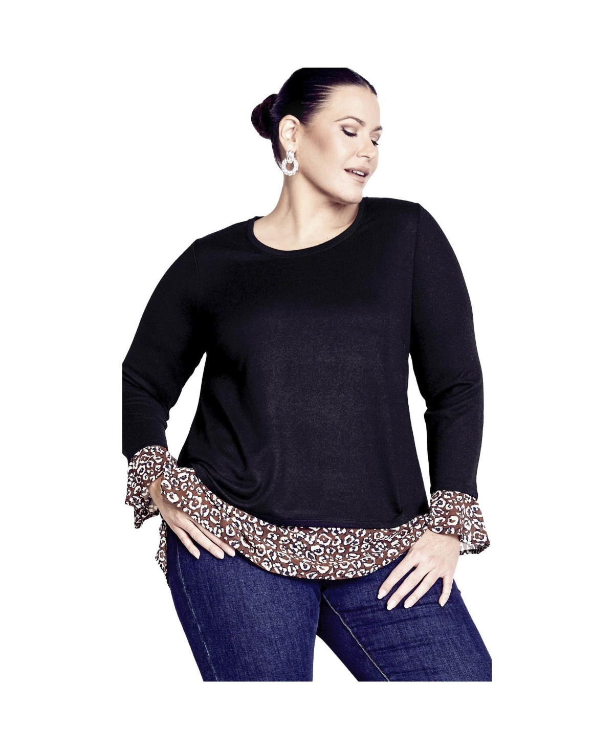 Click here for Avenue Womens Hacci Chiffon Print Top - Black peca... prices