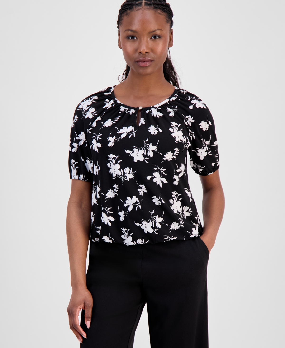 Click here for Ak Anne Klein Petite Keyhole-Cutout Top - Anne Bla... prices