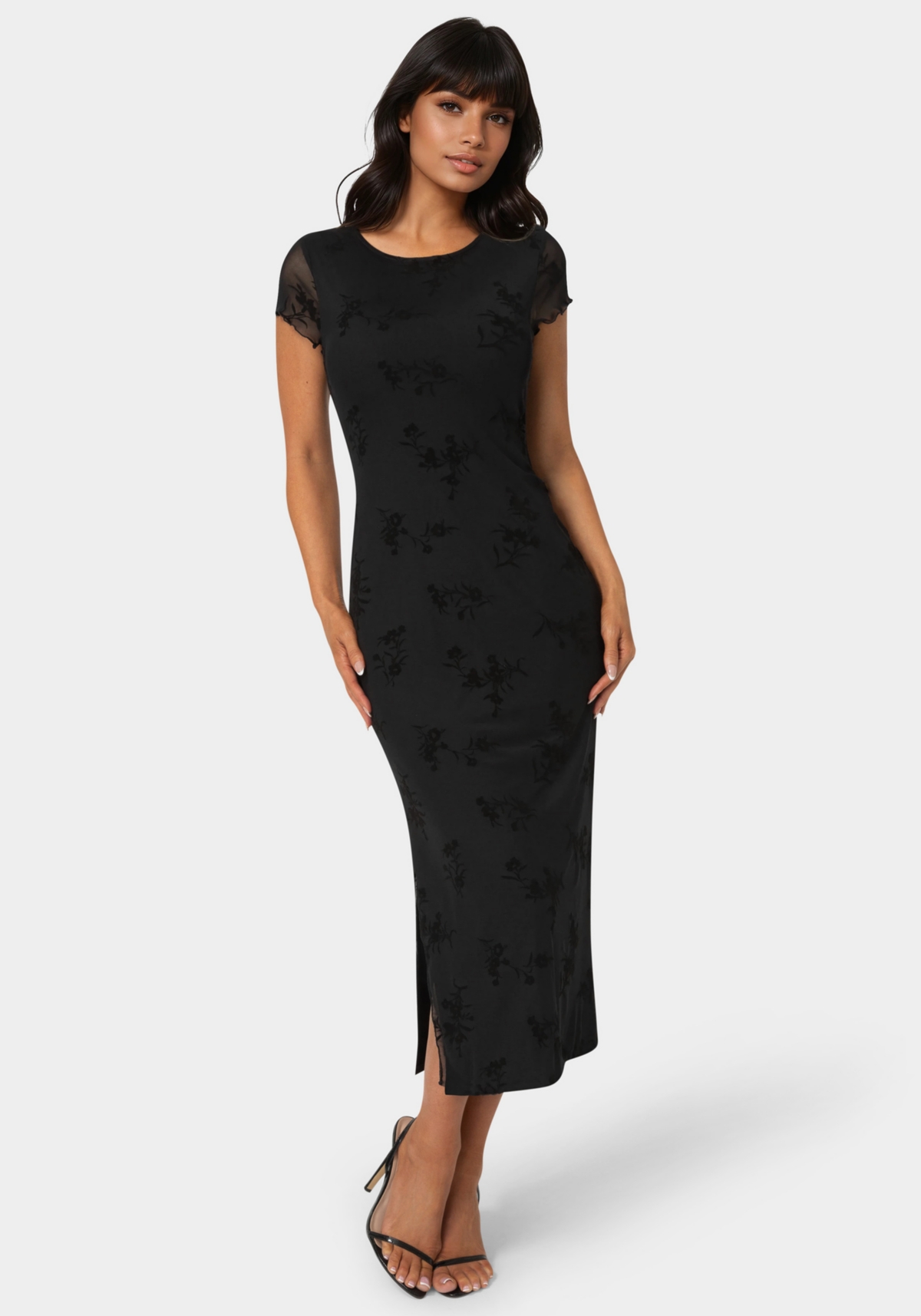 Click here for Bebe Womens Flocking Mesh T-Shirt Maxi Dress - Bla... prices