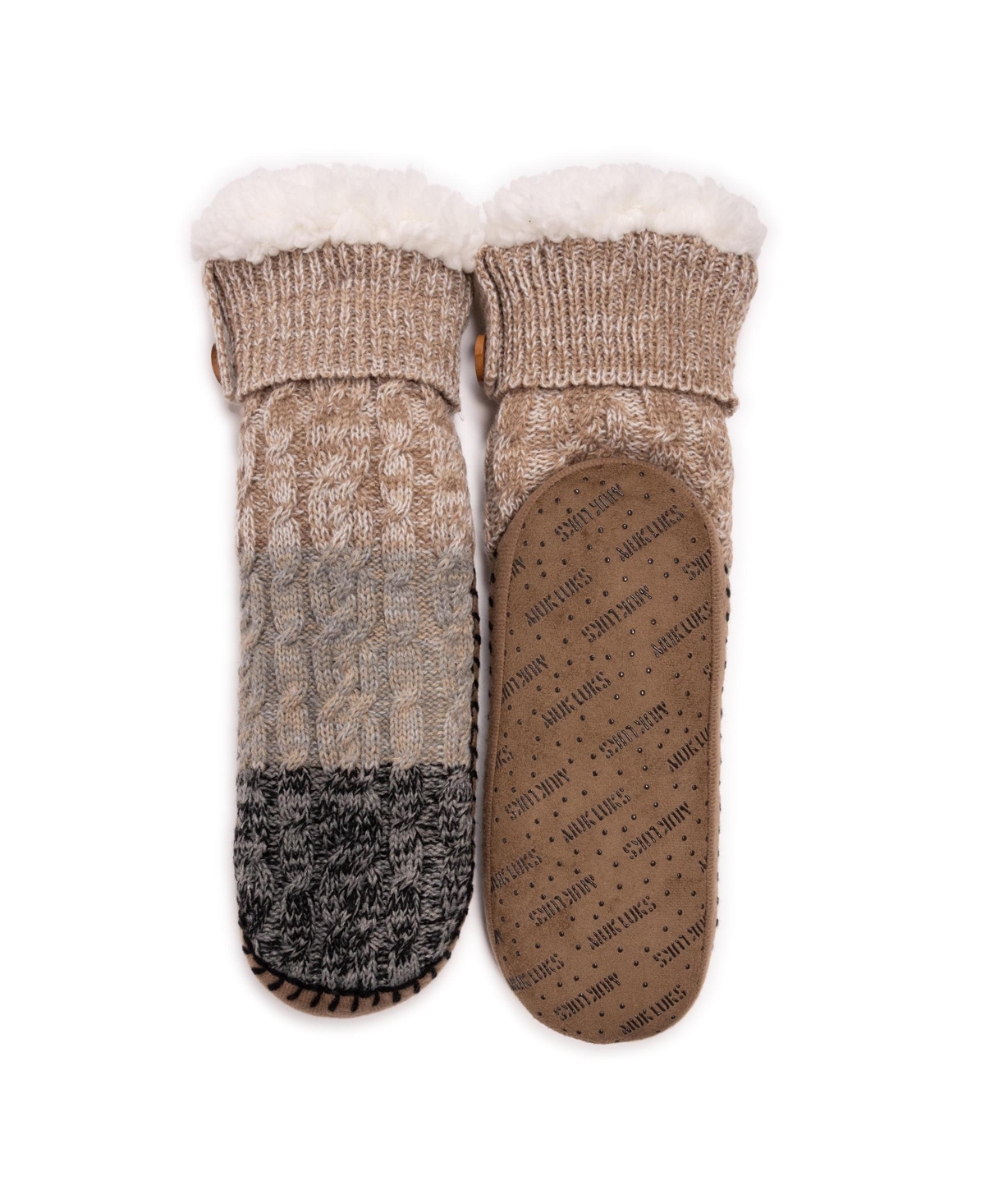 Click here for Muk Luks Womens Short Cable Slipper Sock - Tan/bla... prices