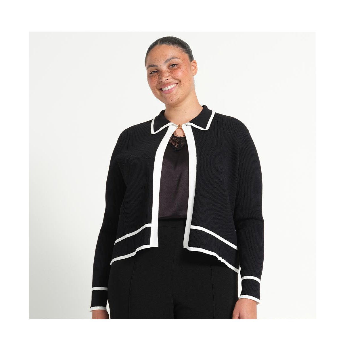 Click here for Estelle Plus Size Gracie Contrast Cardi - Black/wh... prices