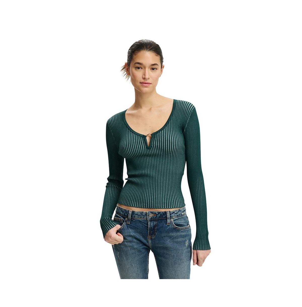 Click here for Cotton On Womens Two Tone Rib Keyhole Knit - Everg... prices