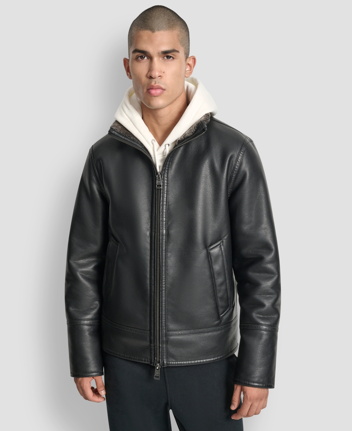 Click here for Dkny Mens Faux Pebble Shearling Jacket - Black prices