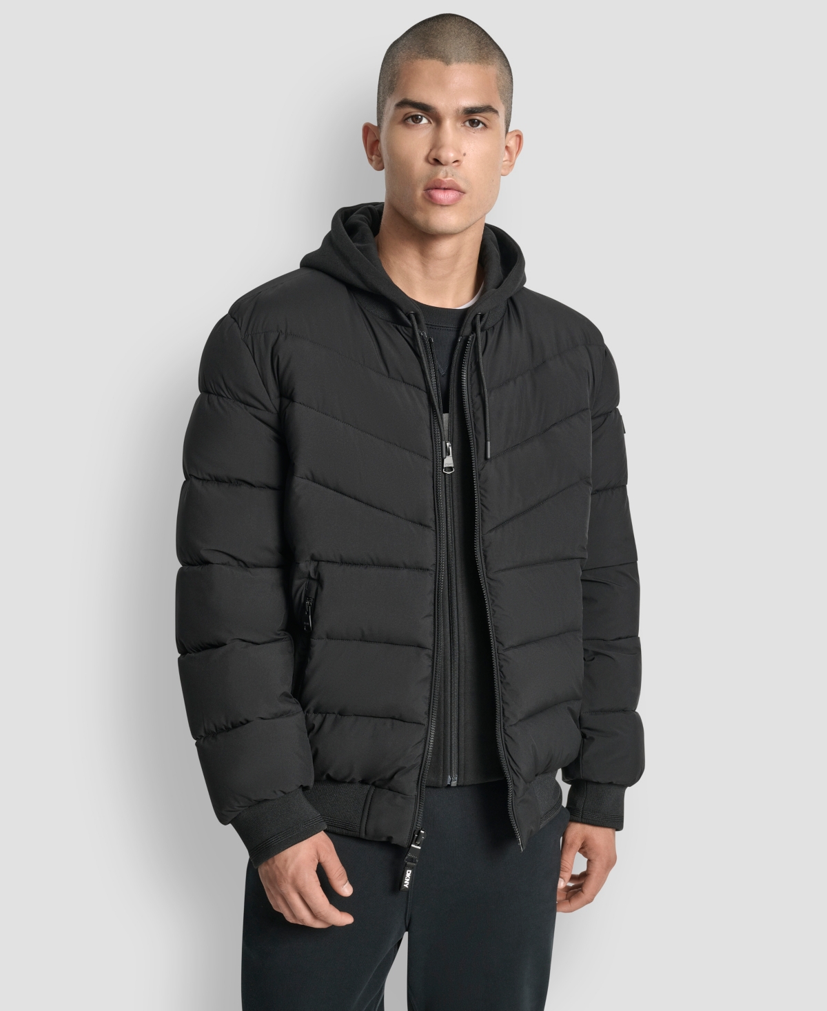 Click here for Dkny Mens Hooded Quilted Bomber Puffer Jacket - Bl... prices