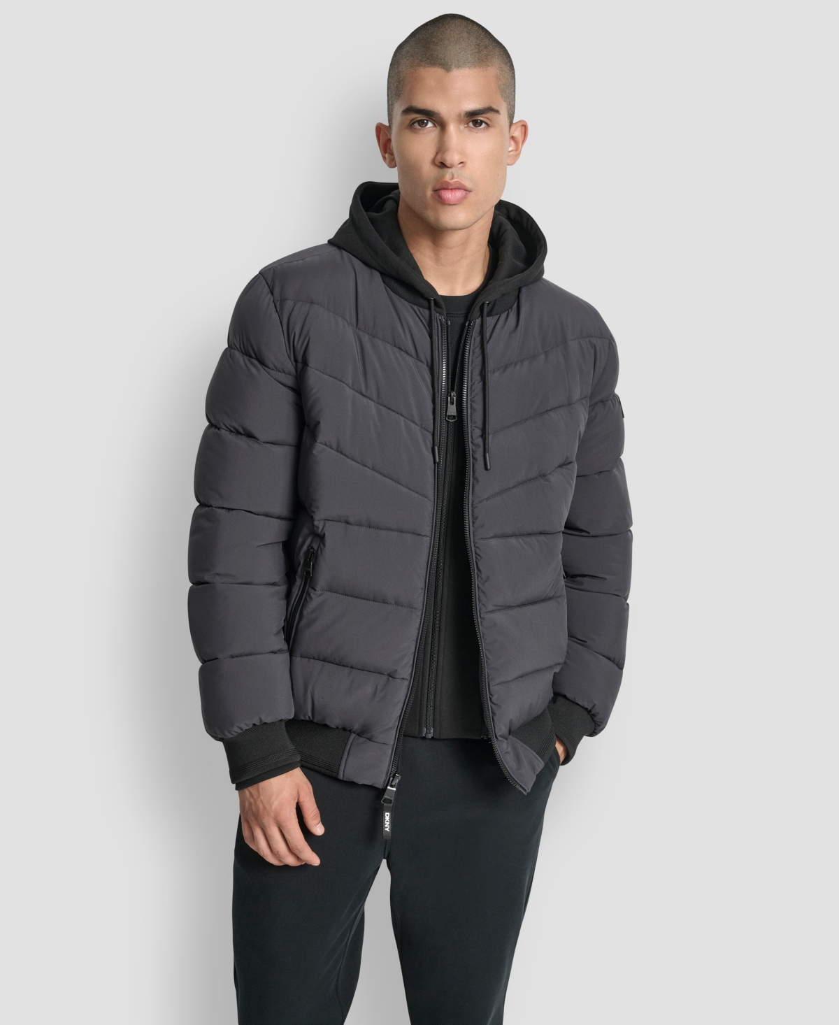 Click here for Dkny Mens Hooded Quilted Bomber Puffer Jacket - Ir... prices