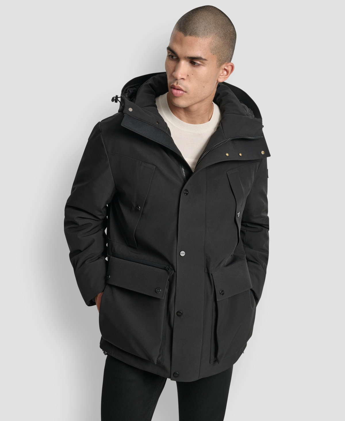 Click here for Dkny Mens Urban Hooded Parka Jacket - Black prices