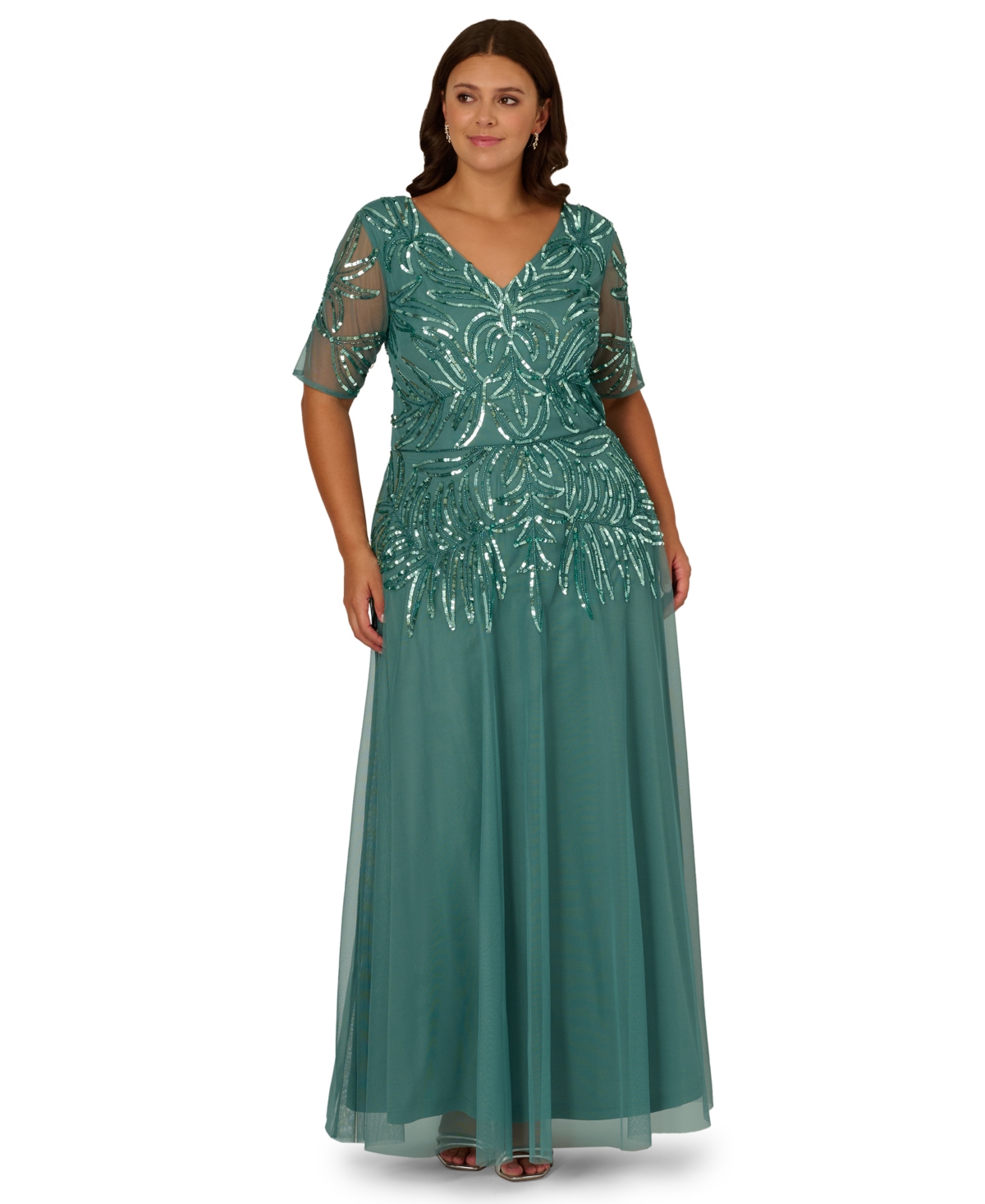 Click here for Adrianna Papell Plus Size Beaded Mesh V-Neck Long... prices