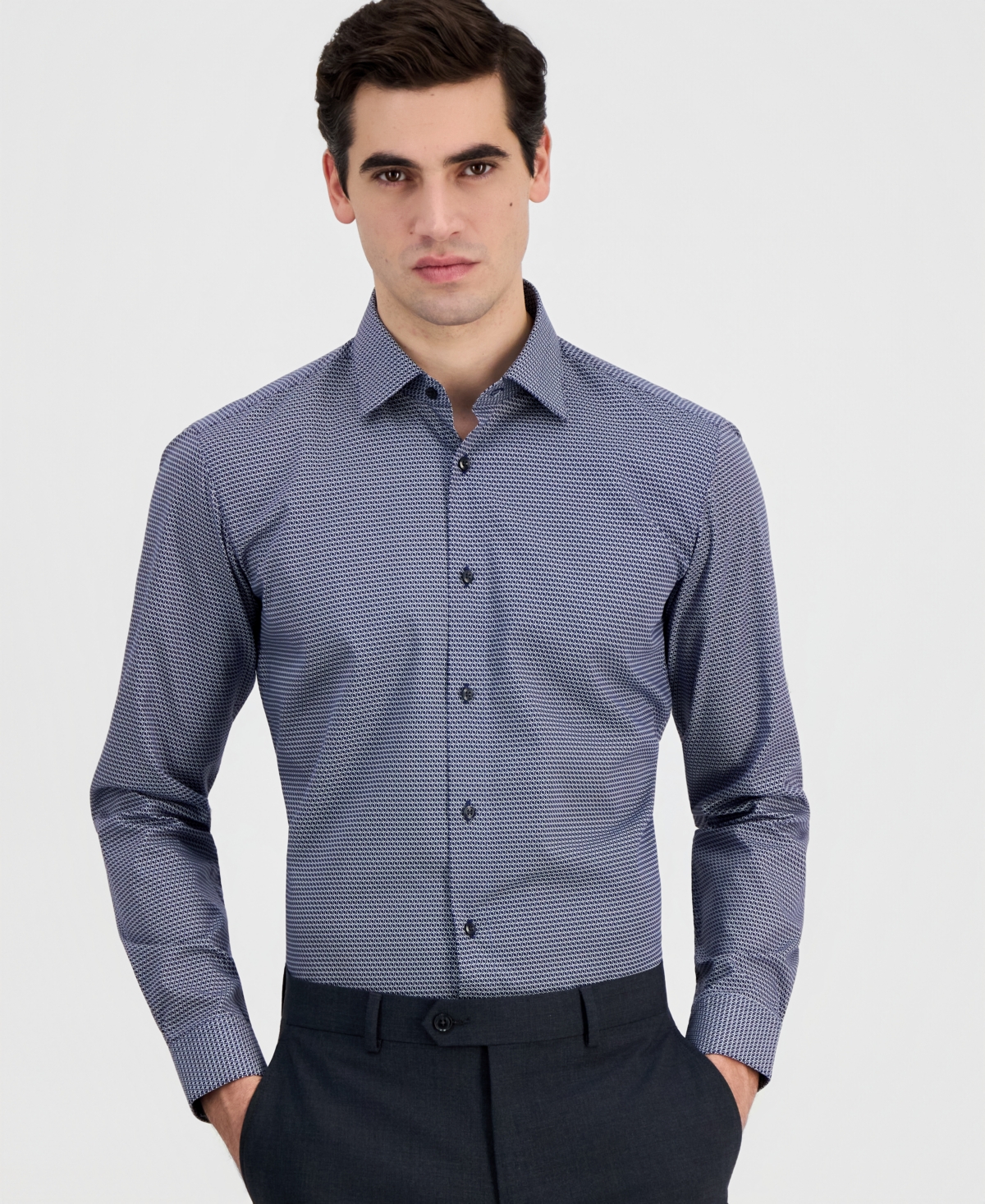 Click here for Mens Modern-Fit Circle Print Dress Shirt - Navy/wh... prices