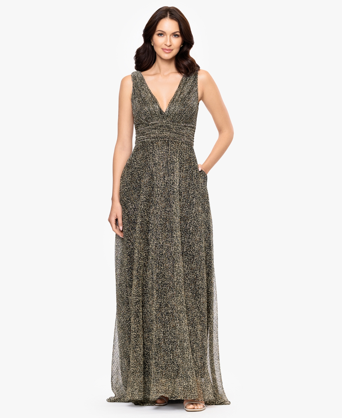 Betsy & Adam Womens V-Neck Pleated Animal Print Gown - Taupe/Black