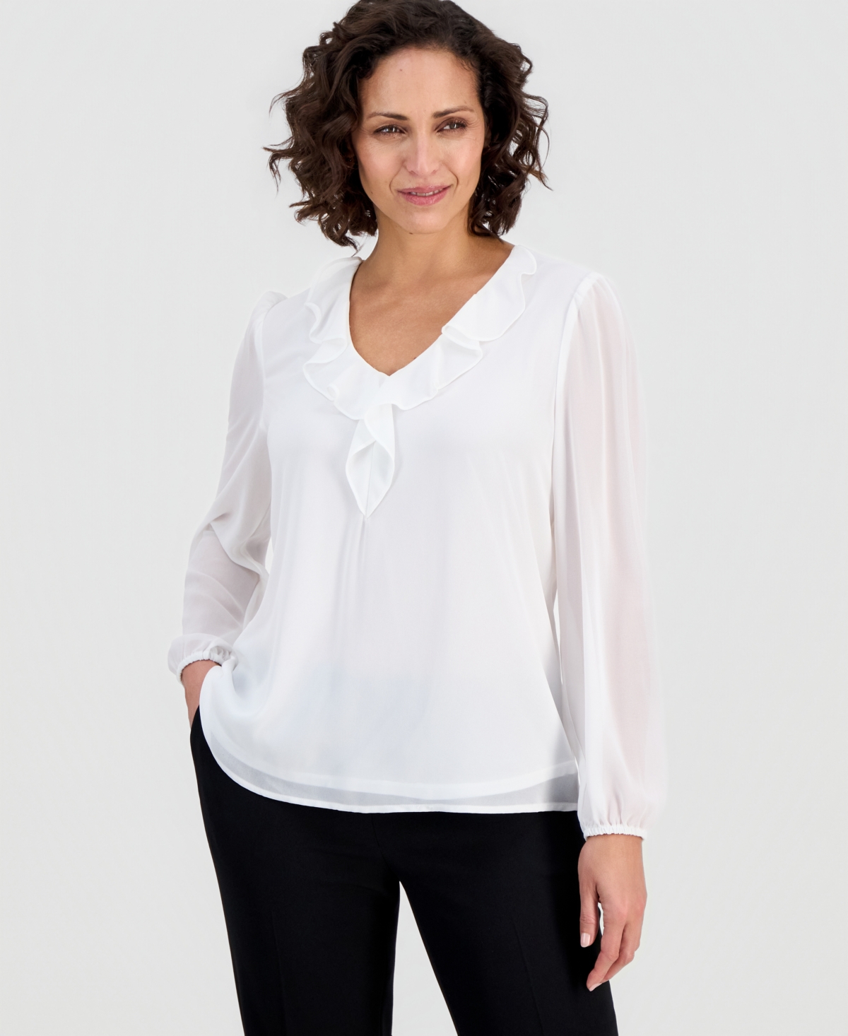 Click here for Kasper Womens Ruffled Blouson-Sleeve Blouse - Vani... prices