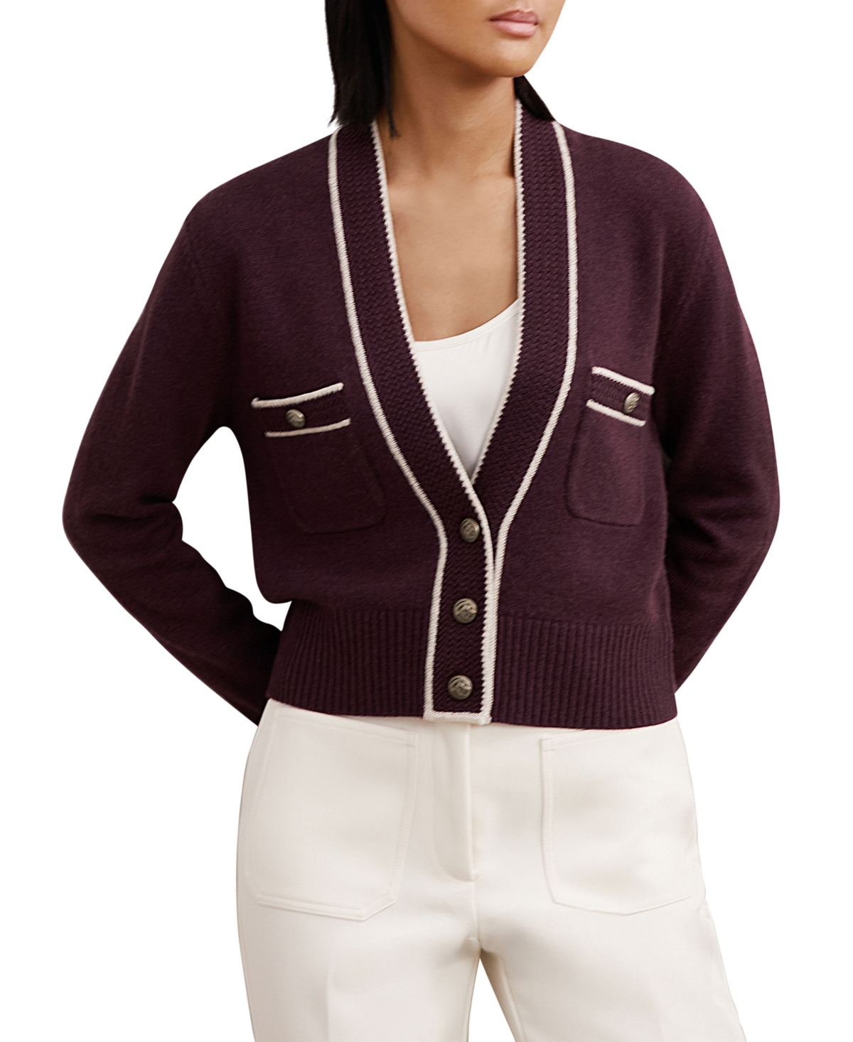 Reiss Womens Wool-Cashmere Tipped V-Neck Cardigan Sweater - Burgundy  Neutral