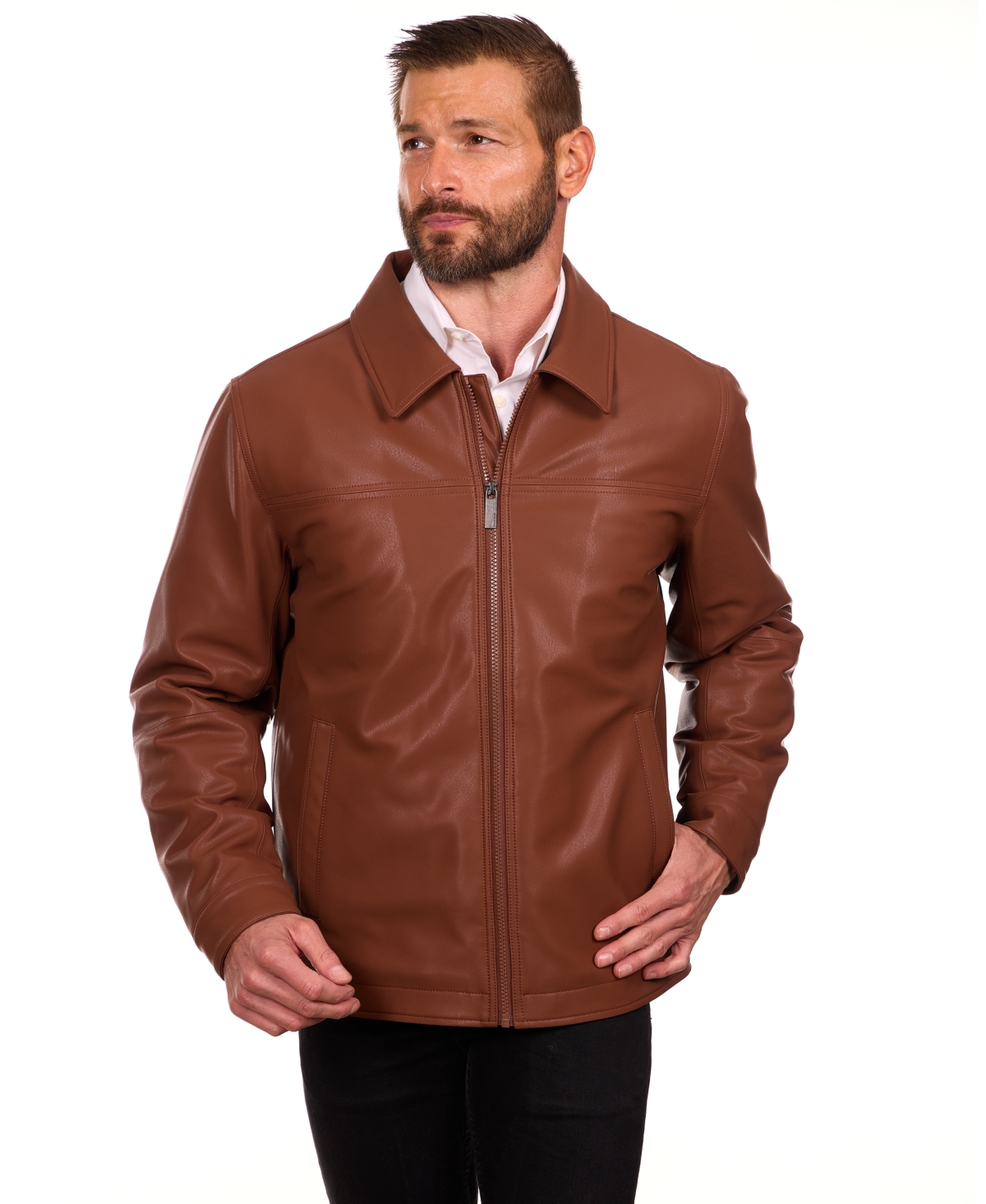 Click here for Perry Ellis Mens Classic Leather Jacket - Cognac prices