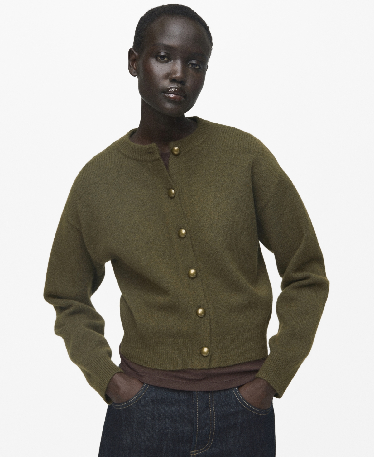 Click here for Mango Womens Buttons Chunky-Knit Cardigan - Khaki prices